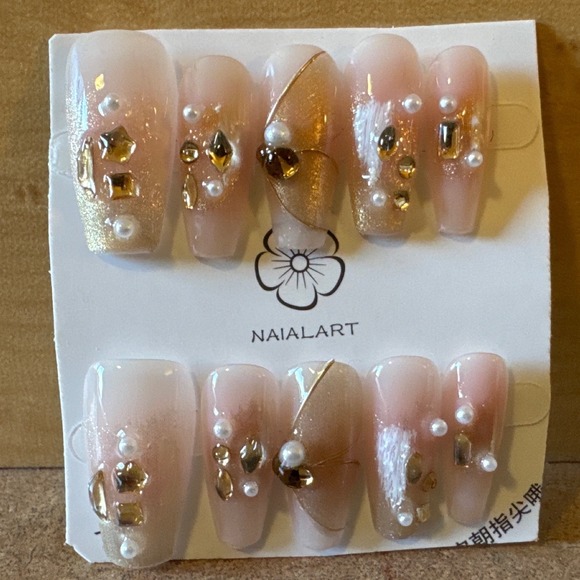 Makeup | Nude Gold Ombre Press On Nails Long Coffin 3d Rhinestone Pearl ...